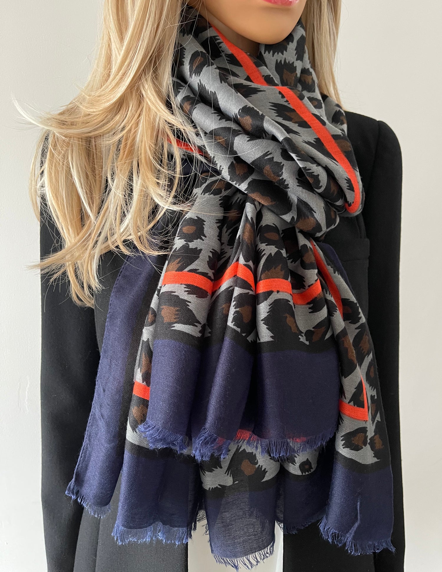 Navy print scarf store