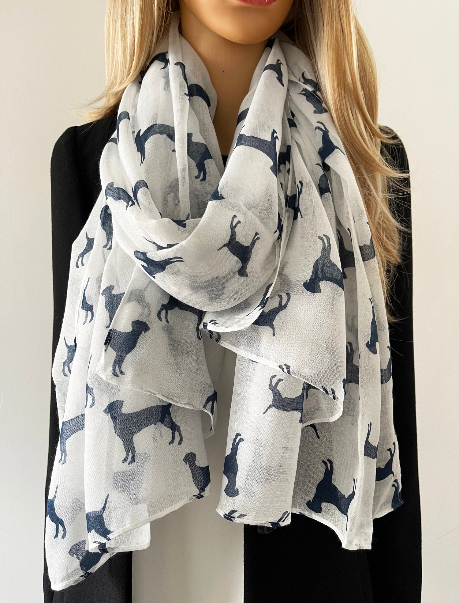 A SHU LIGHTWEIGHT WHITE DOG PRINT SHEER NECK SCARF A SHU.CO.UK