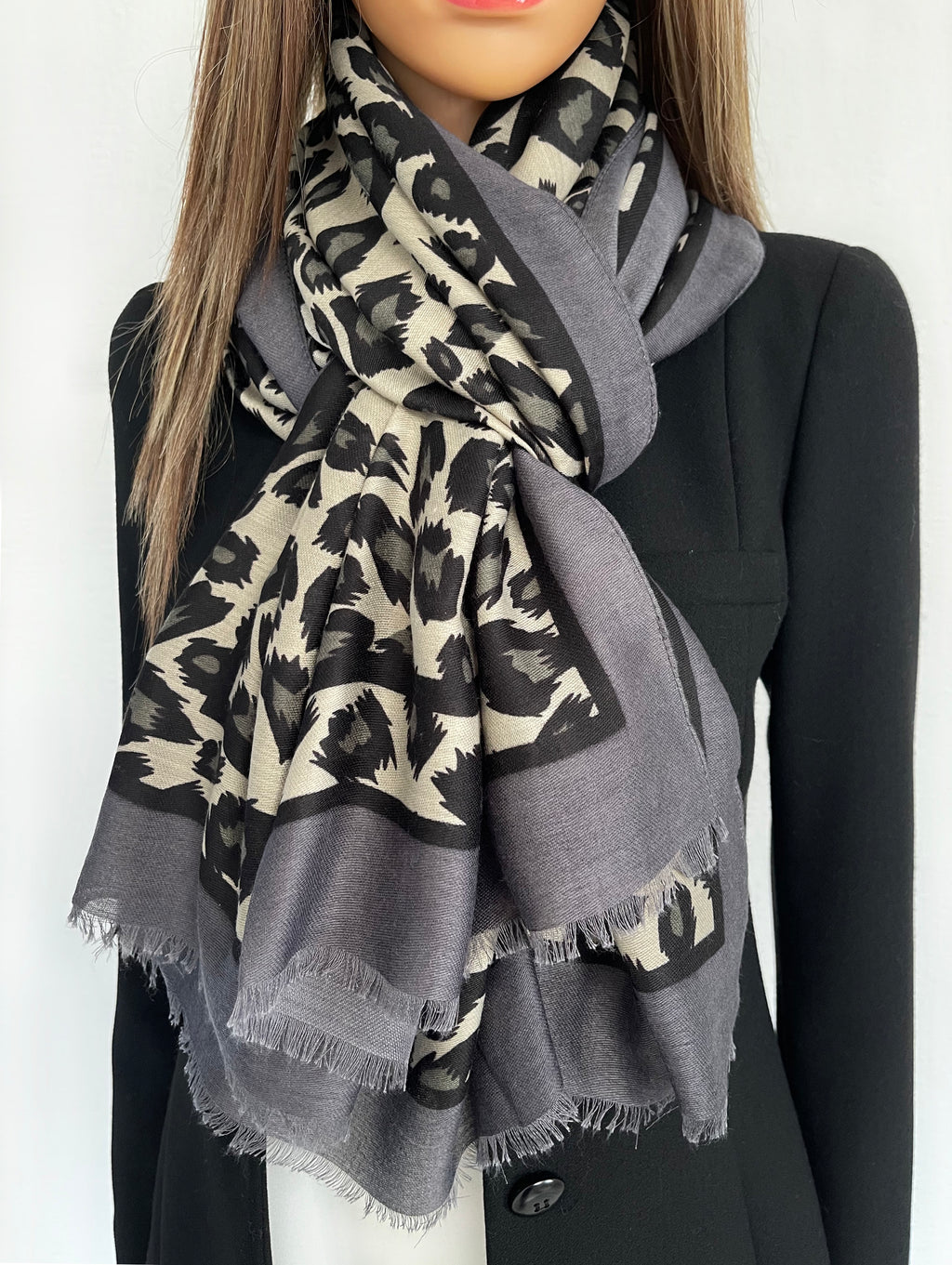 A-SHU LARGE GREY STRIPE LEOPARD PRINT SHAWL SCARF - A-SHU.CO.UK
